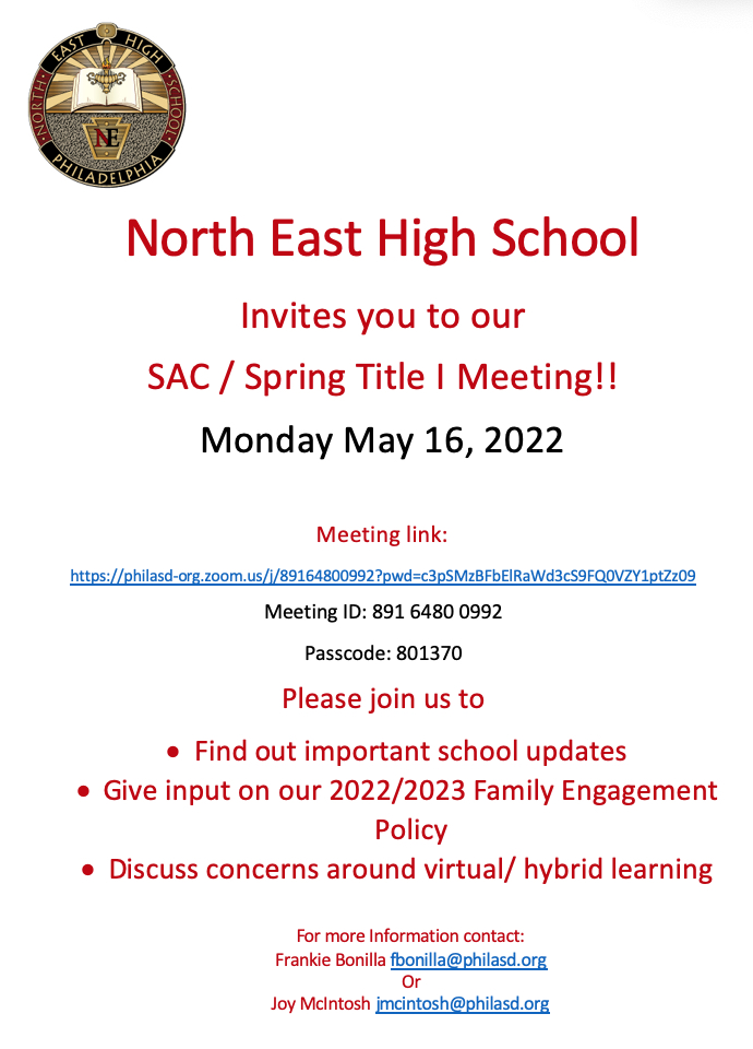 NEHS Spring Title1 Meeting - Northeast High School